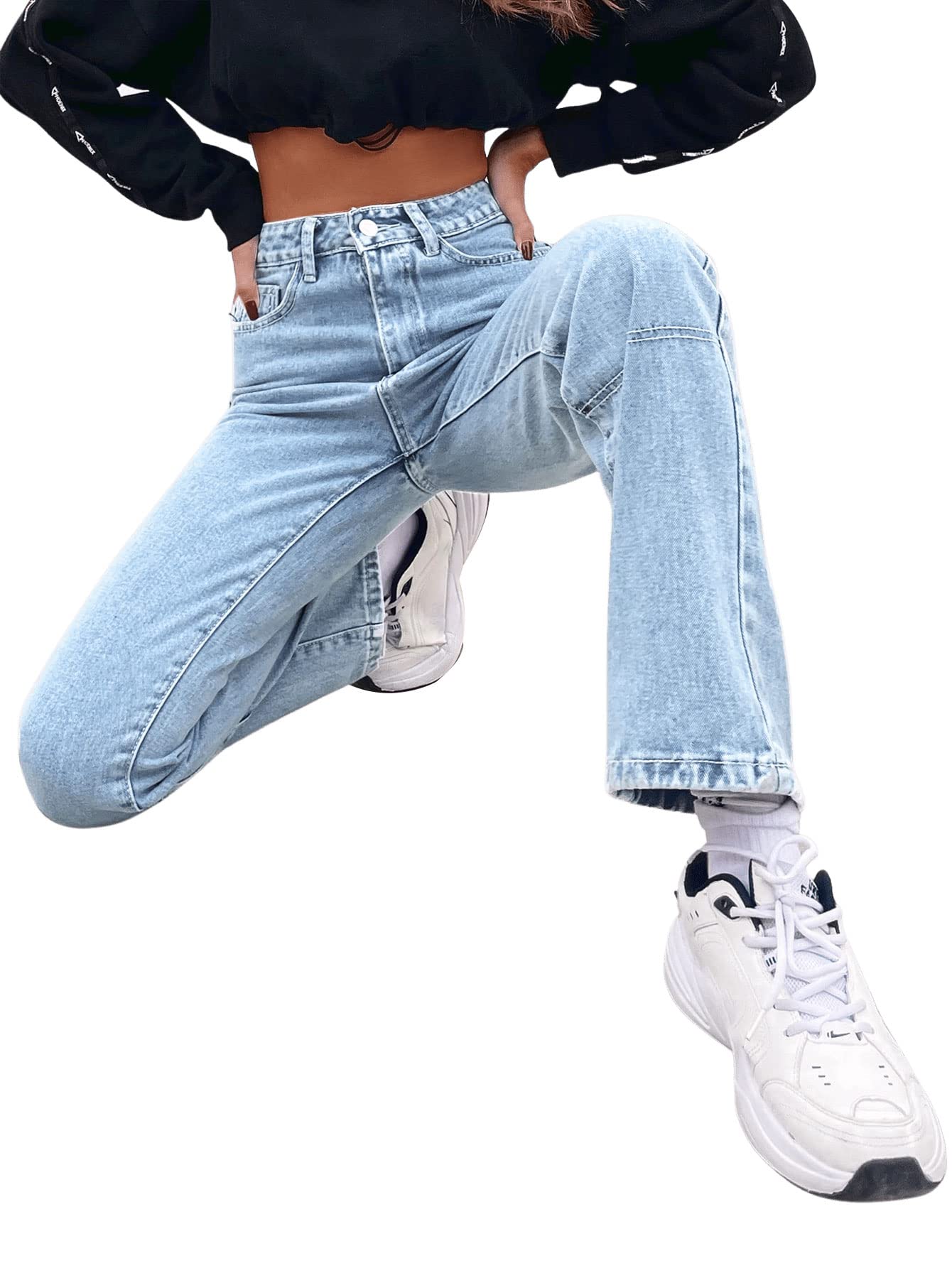 SweatyRocks Women's Casual High Waisted Straight Leg Boyfriend Jeans Denim Pants Light Wash S