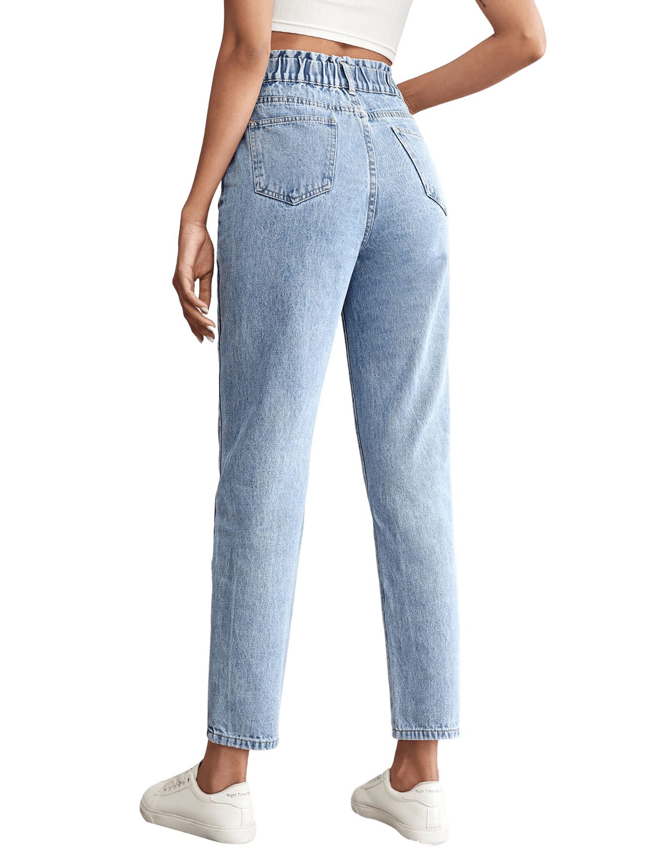 SweatyRocks Women's Casual High Elastic Waist Tapered Mom Jeans Cropped Denim Pants Light Wash Tall M