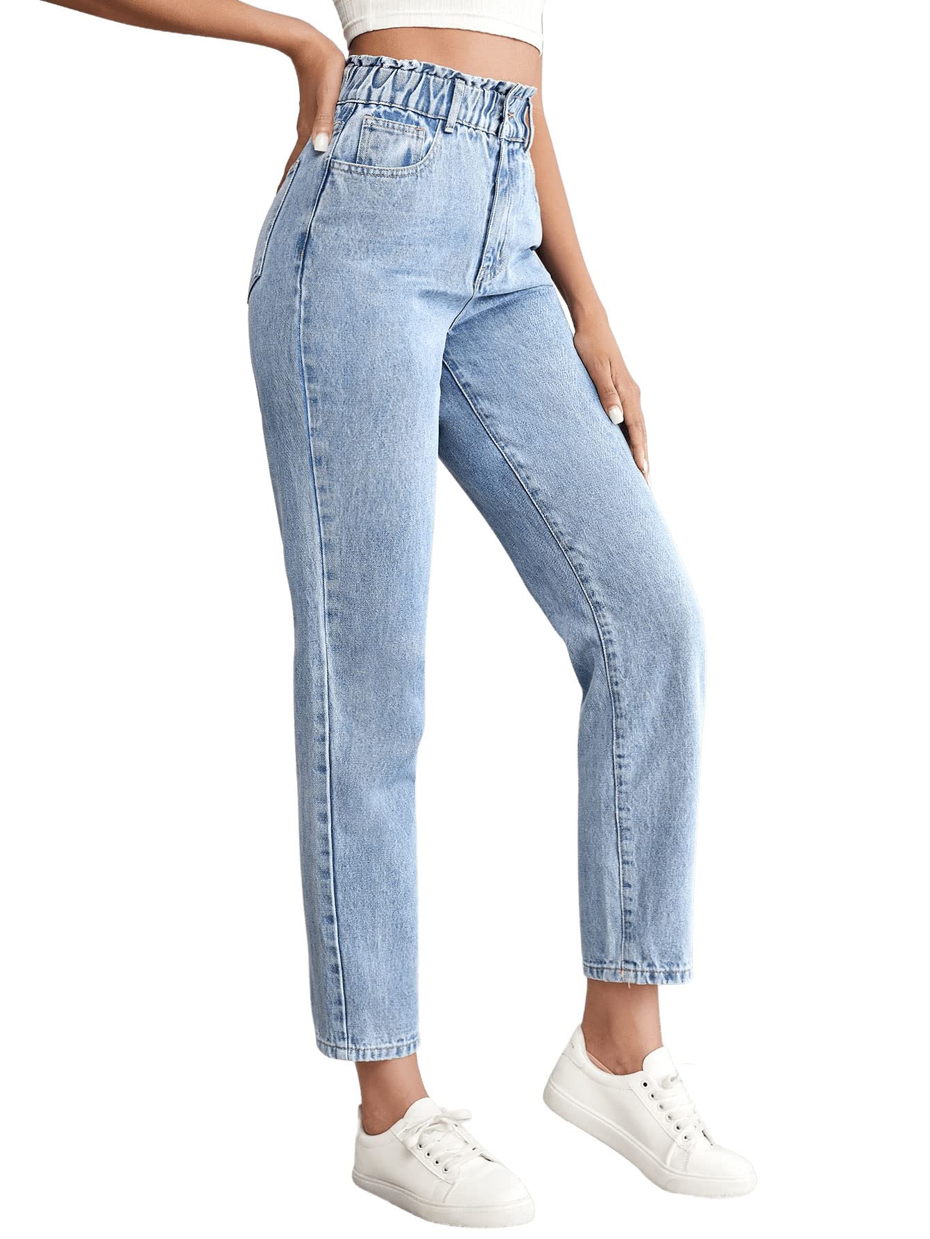 SweatyRocks Women's Casual High Elastic Waist Tapered Mom Jeans Cropped Denim Pants Light Wash Tall M