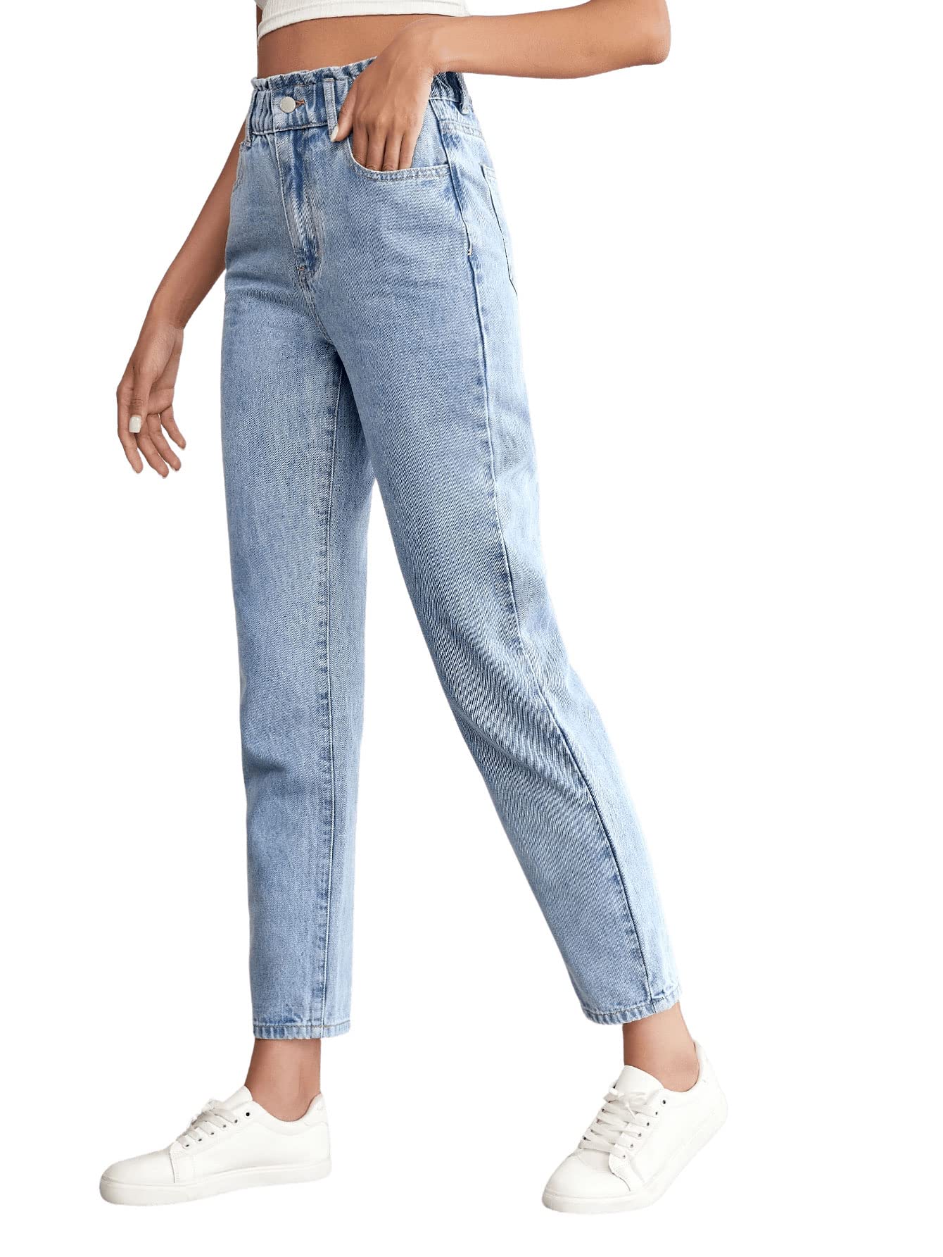 SweatyRocks Women's Casual High Elastic Waist Tapered Mom Jeans Cropped Denim Pants Light Wash Tall M