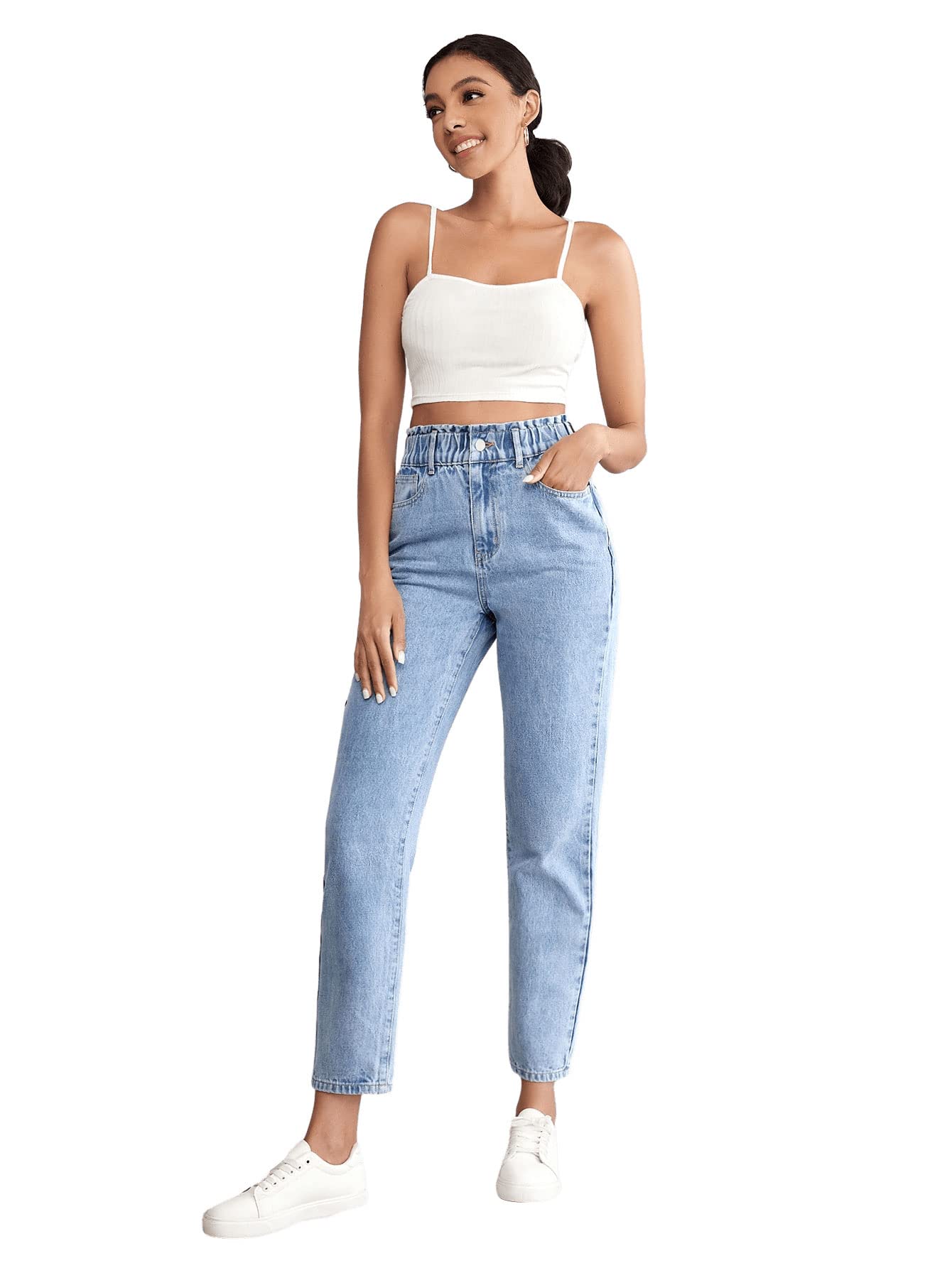 SweatyRocks Women's Casual High Elastic Waist Tapered Mom Jeans Cropped Denim Pants Light Wash Tall M