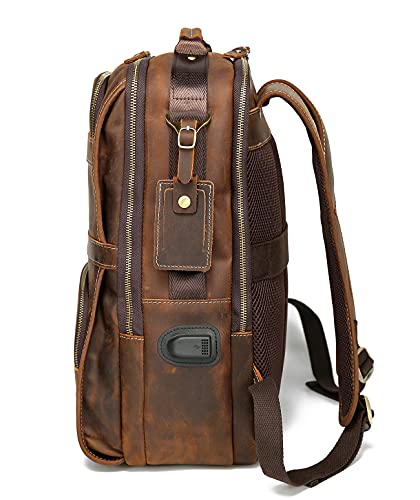 LANNSYNE Vintage Genuine Leather Backpack For Men 15.6 Inch Laptop Bag School Bag Overnight Weekender Camping Daypack Rucksack
