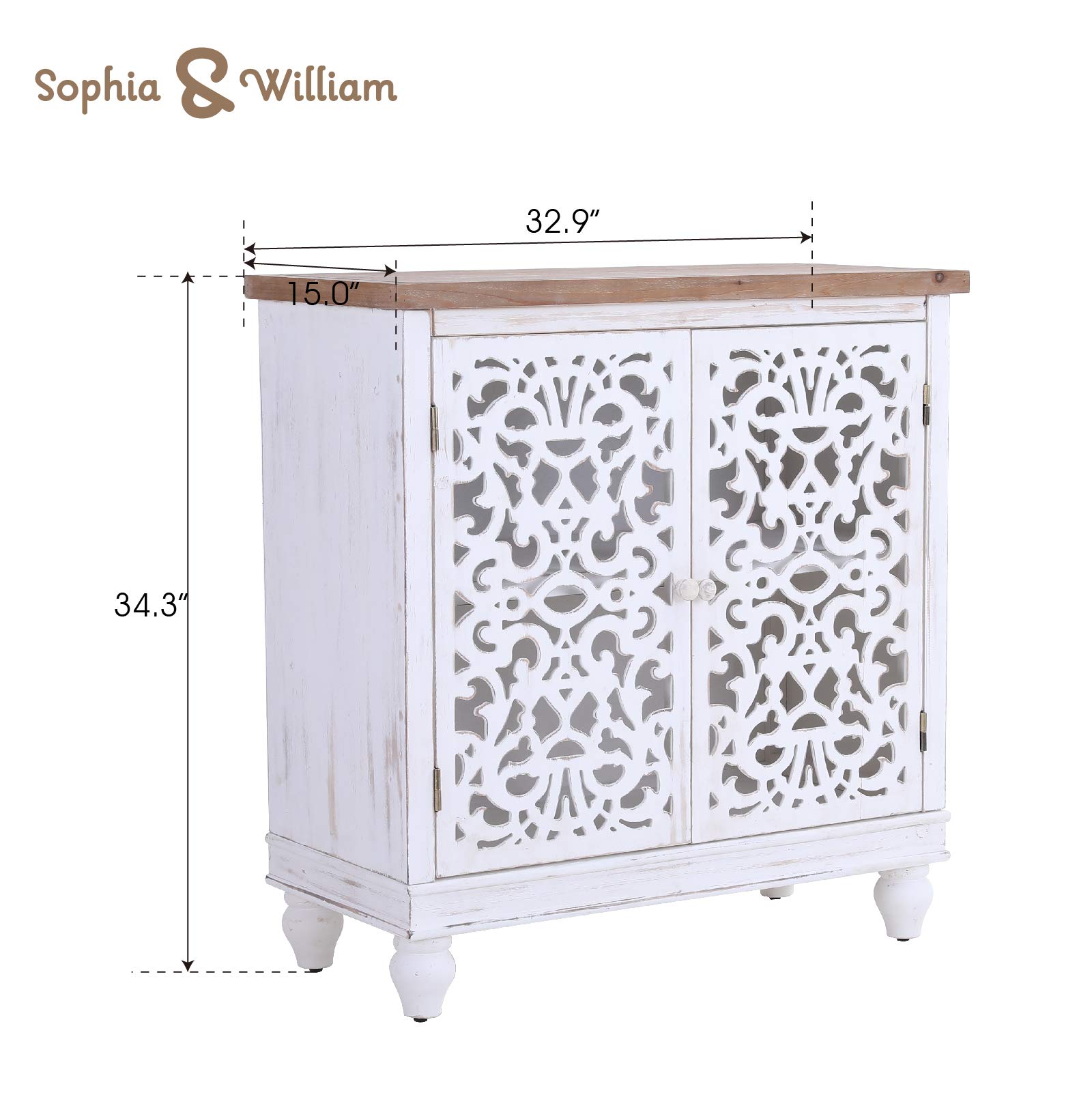 Sophia & William Accent Cabinet with 2 Doors, Distressed Storage Cabinet with Wood Frame and Hollow-Carved Door for Entryway Living Room, White