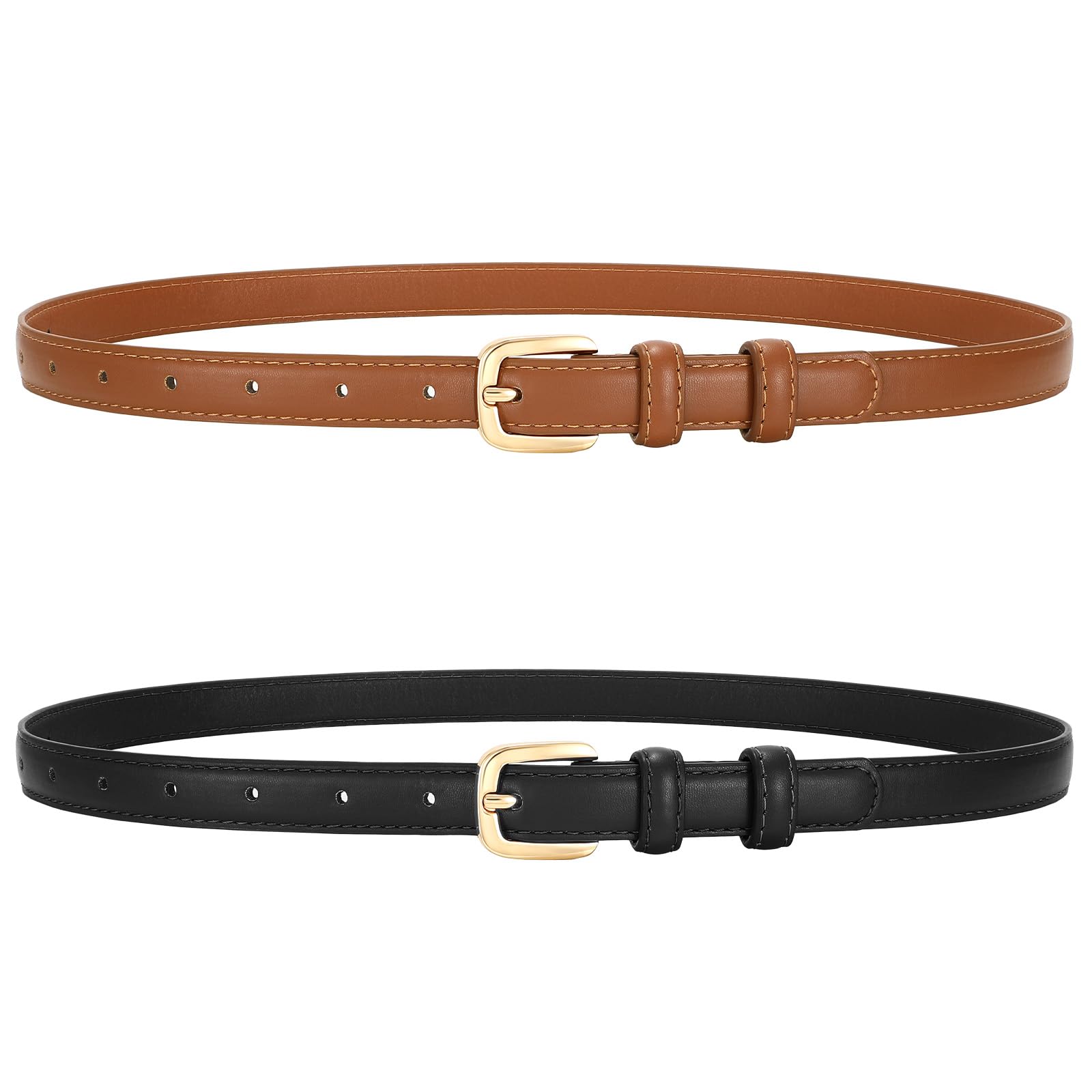 SANSTHS 2 Pack Women Thin Leather Belt for Dresses Fashion Ladies Skinny Waist Belt for Jeans Pants,black+brown,M