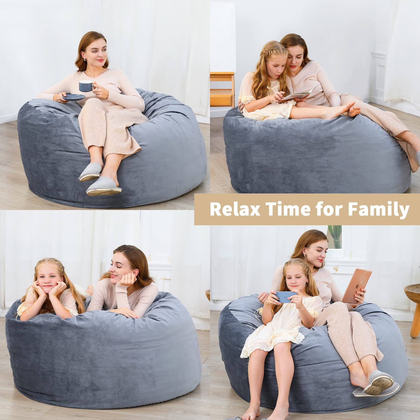 GlowSol Big Huge Giant Bean Bag Chair for Adults, Memory Foam Bean Bag Chair with Removable Machine Washable Plush Velvet Cover, Stuffed Sofa Chair, 4FT, Grey