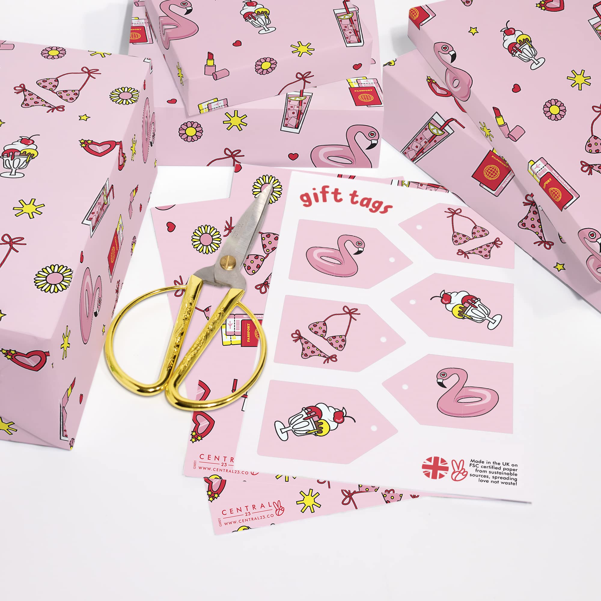 CENTRAL 23 Summer Wrapping Paper For Women - 6 Pink Wrapping Paper Sheets - For Birthday, Christmas, Bridal Shower - Comes With Fun Stickers