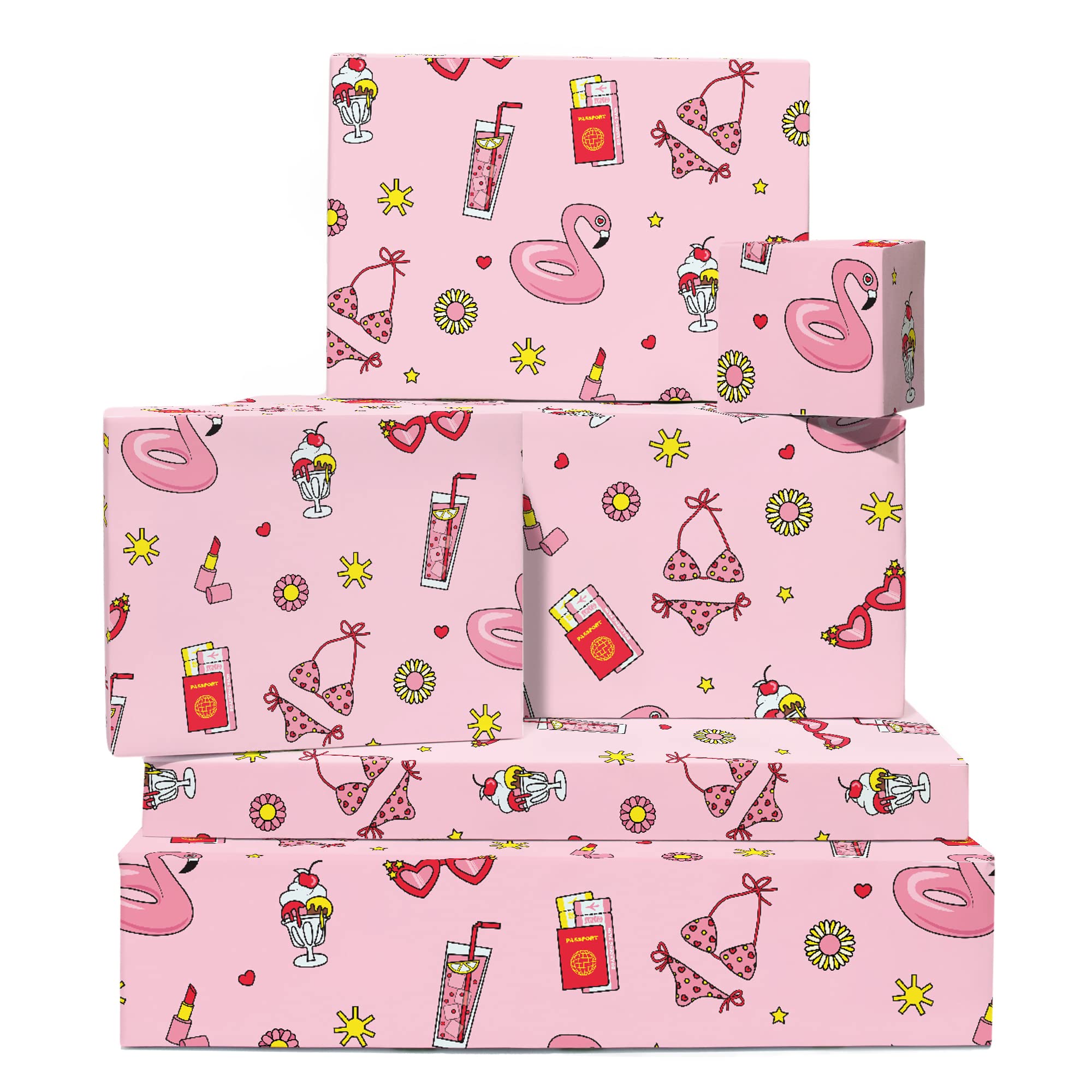 CENTRAL 23 Summer Wrapping Paper For Women - 6 Pink Wrapping Paper Sheets - For Birthday, Christmas, Bridal Shower - Comes With Fun Stickers