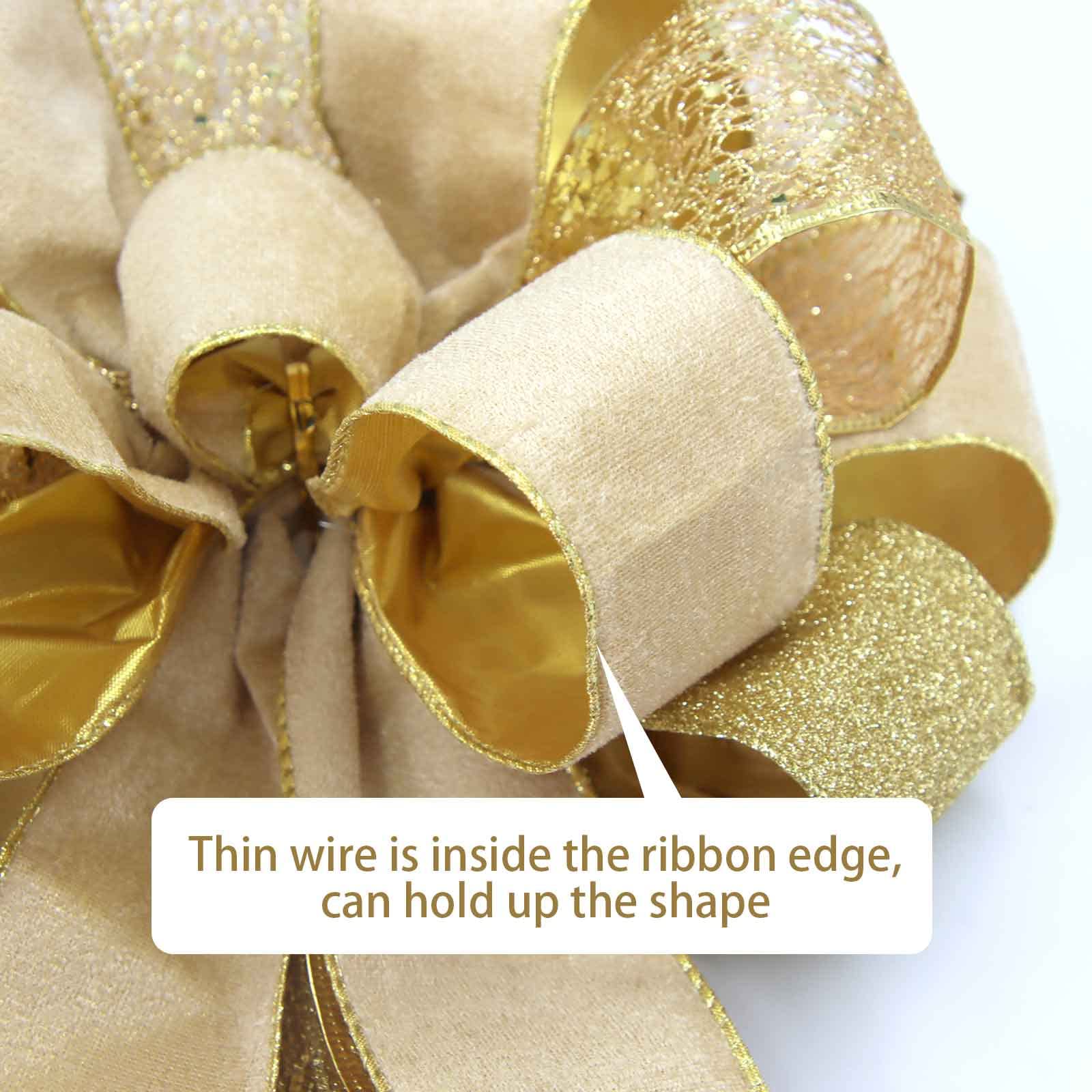 Christmas Tree Topper Bow, 43x13 Inches Large Toppers Bows for Christmas Tree, Glitter Satin Mesh Streamer and Wired Edge, Xmas Ornament Treetop Hanging Decorations & Gift