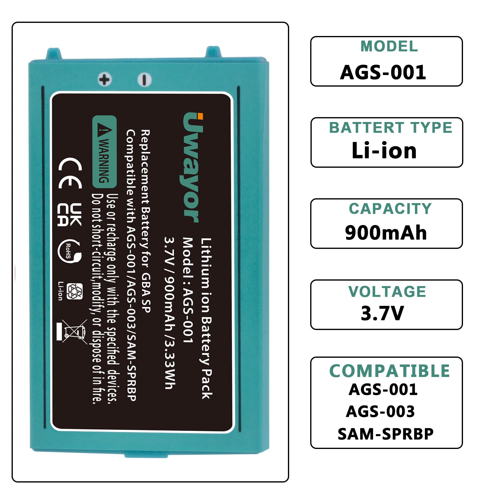 Uwayor Gameboy Advance SP Battery, 900mAh GBA SP Battery Replacement for Nintendo Gameboy Advance SP with Tool