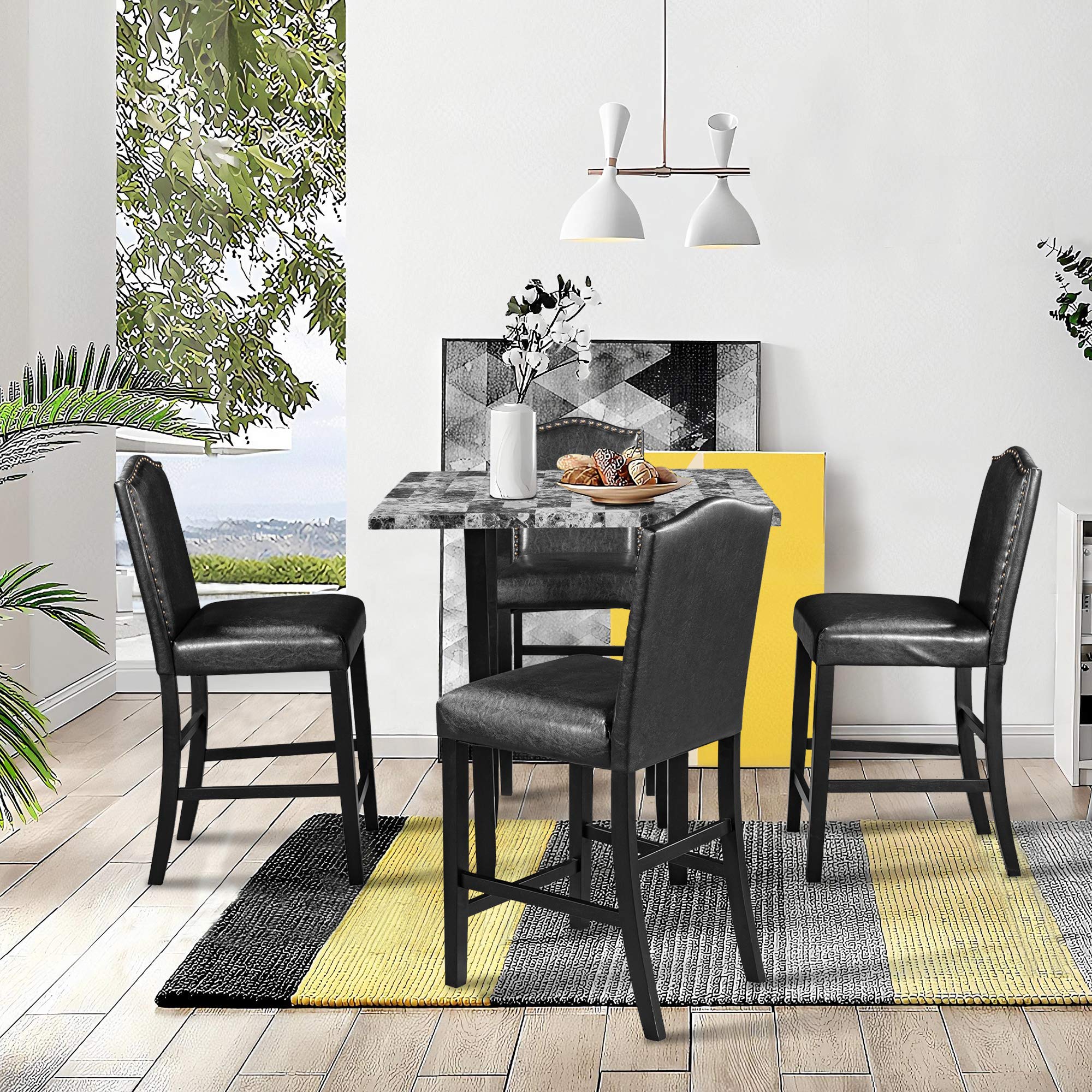 PPHome Modern Dinette Matching 4 Bottom Shelf for Dining Room, Sturdy Wooden Frame, Marble Top, Nail Head Trim, Easy Assembly,Black Chair+Gray, 5-Piece Table Set
