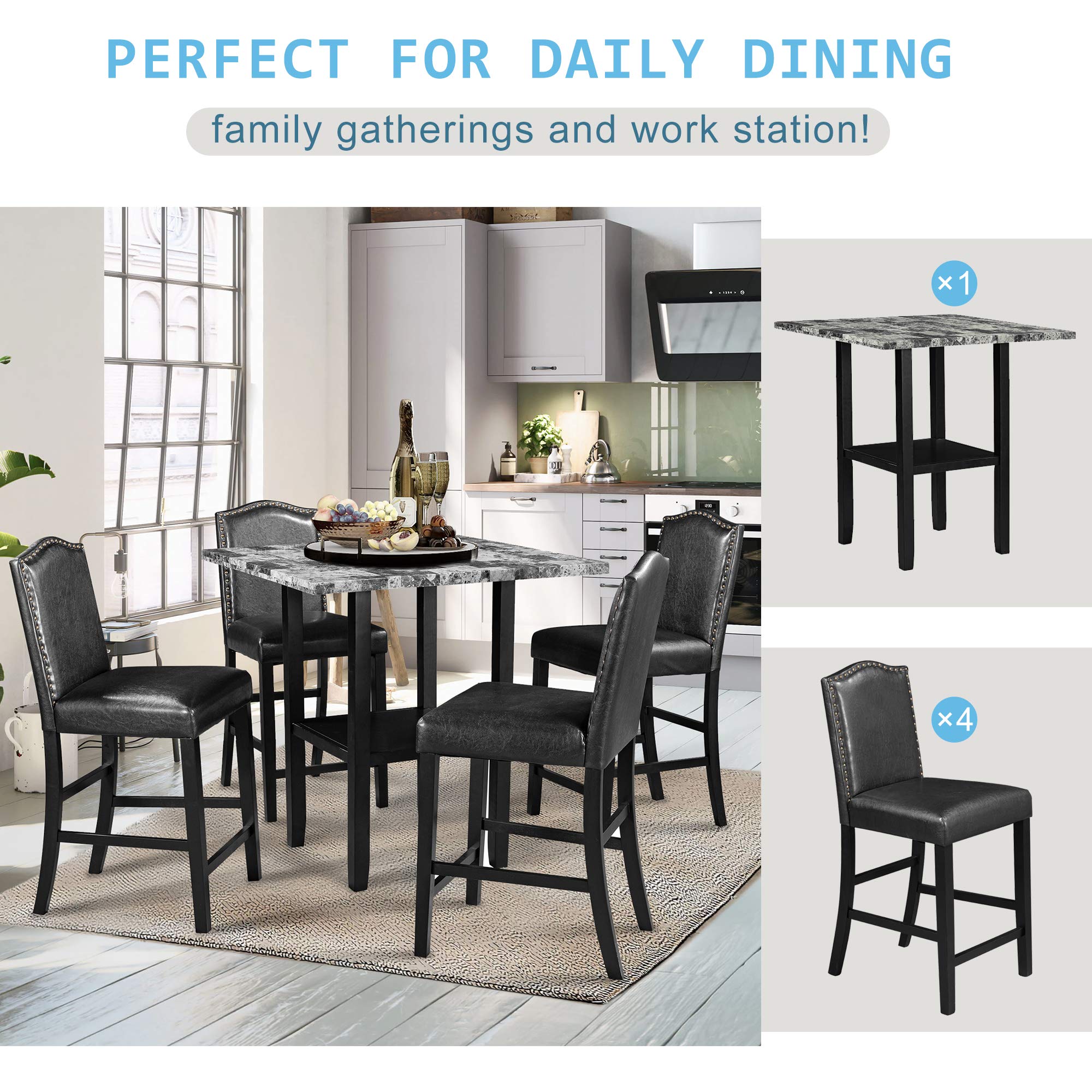 PPHome Modern Dinette Matching 4 Bottom Shelf for Dining Room, Sturdy Wooden Frame, Marble Top, Nail Head Trim, Easy Assembly,Black Chair+Gray, 5-Piece Table Set