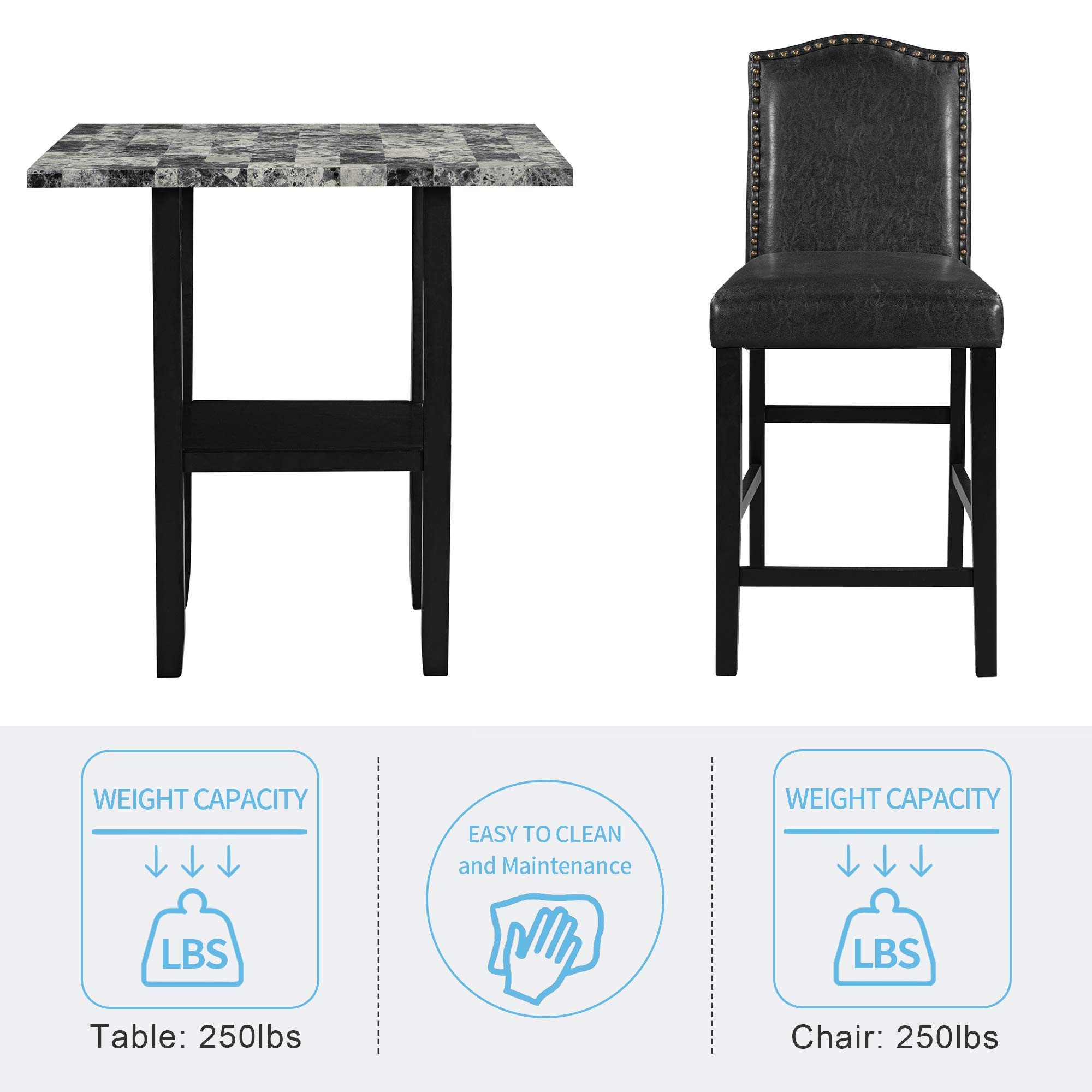 PPHome Modern Dinette Matching 4 Bottom Shelf for Dining Room, Sturdy Wooden Frame, Marble Top, Nail Head Trim, Easy Assembly,Black Chair+Gray, 5-Piece Table Set
