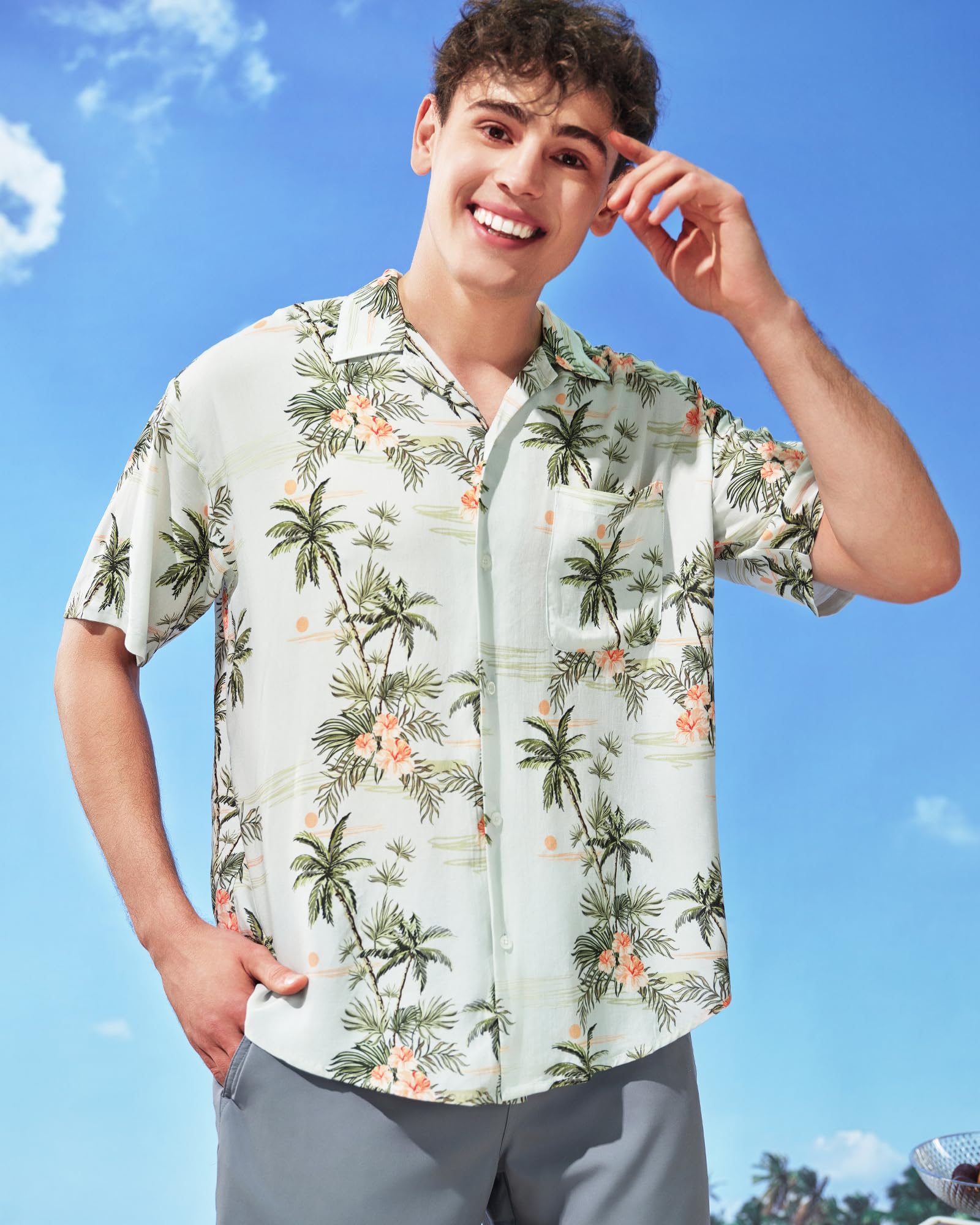 SURF CUZ Mens Hawaiian Shirts Short Sleeve Stretch Loose Fit Casual Aloha Shirt Vacation Mens Tropical Button Down Beach Shirts(White-Coconut Tree,Medium)