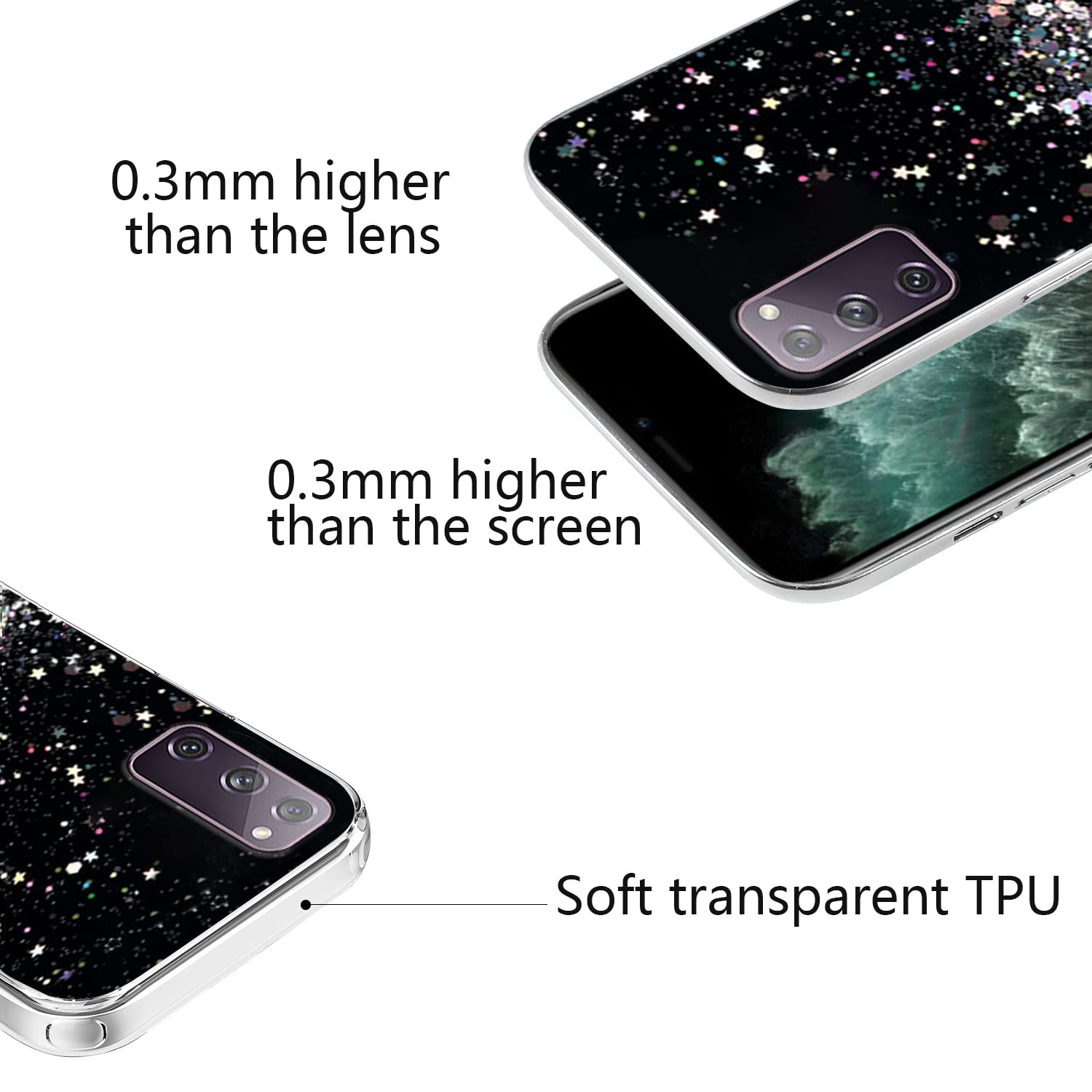 for Samsung Galaxy S20 Case Silicone,Clear Samsung S20 5G Phone Case Speck, Ultra Slim 0.3mm Soft Shockproof Protective Glitter Cute Phone Cover for Women Green (Black)