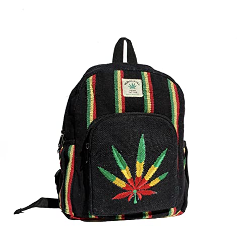 Handmade Rasta Marijuana Black Yellow Red Backpack | Made in Nepal Travel Backpack with Water Bottle Pockets | Hemp Cotton Backpack - Small Mini Backpack