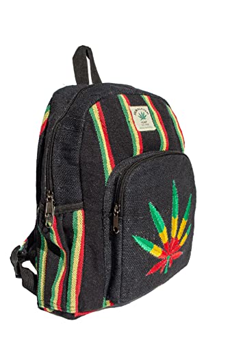 Handmade Rasta Marijuana Black Yellow Red Backpack | Made in Nepal Travel Backpack with Water Bottle Pockets | Hemp Cotton Backpack - Small Mini Backpack