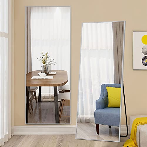 MAYEERTY Full Length Mirror 64"x21" Floor Mirror with Stand Large Mirror for Bedroom Standing Mirror Aluminum Alloy Thin Frame Wall Mirror Standing/Hanging Mirror, Silver (JJ00372ZZV-USAM027)