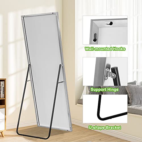 MAYEERTY Full Length Mirror 64"x21" Floor Mirror with Stand Large Mirror for Bedroom Standing Mirror Aluminum Alloy Thin Frame Wall Mirror Standing/Hanging Mirror, Silver (JJ00372ZZV-USAM027)