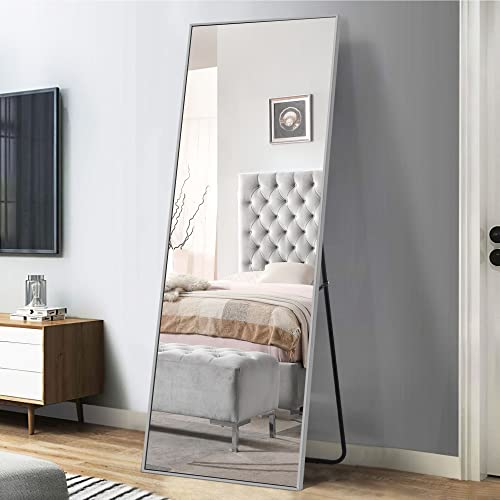 MAYEERTY Full Length Mirror 64"x21" Floor Mirror with Stand Large Mirror for Bedroom Standing Mirror Aluminum Alloy Thin Frame Wall Mirror Standing/Hanging Mirror, Silver (JJ00372ZZV-USAM027)