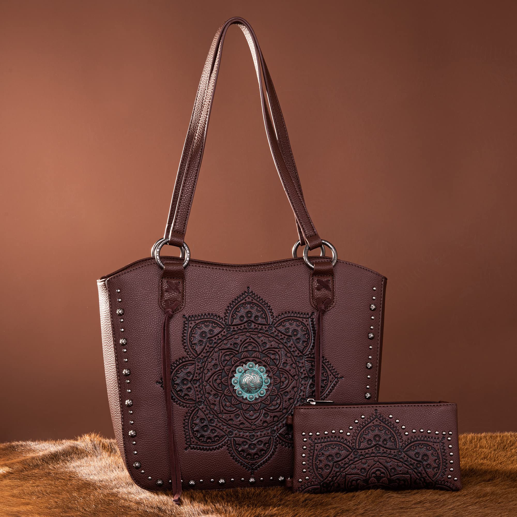 Montana West Western Tooled Tote Bag for Women Mandala Pattern Shoulder Top Handle Handbag Studded Purse with Wallet Set MWC-144W-CF