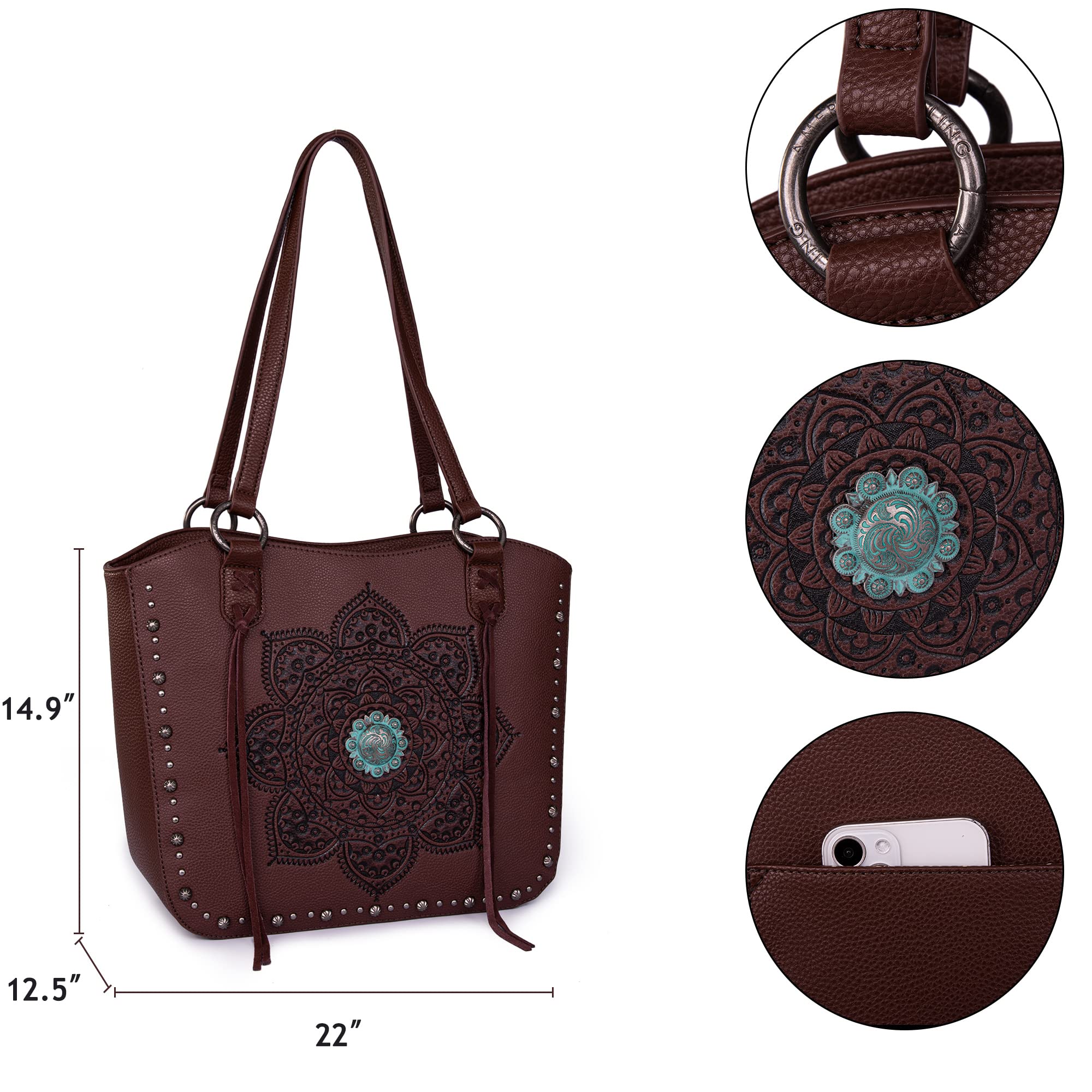 Montana West Western Tooled Tote Bag for Women Mandala Pattern Shoulder Top Handle Handbag Studded Purse with Wallet Set MWC-144W-CF