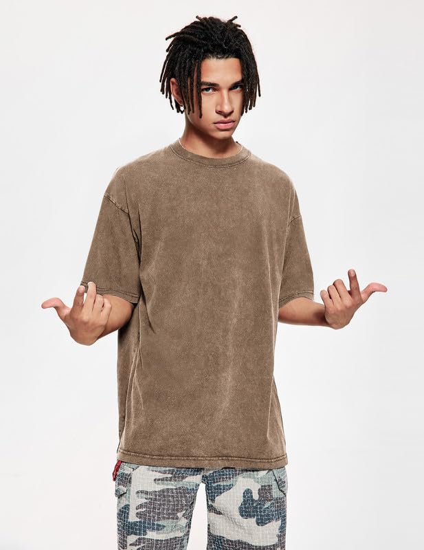Vamtac Men's Cotton T-Shirts Oversized Half Short Sleeves Casual Loose Solid Streetwear Tee Tops Sand Small