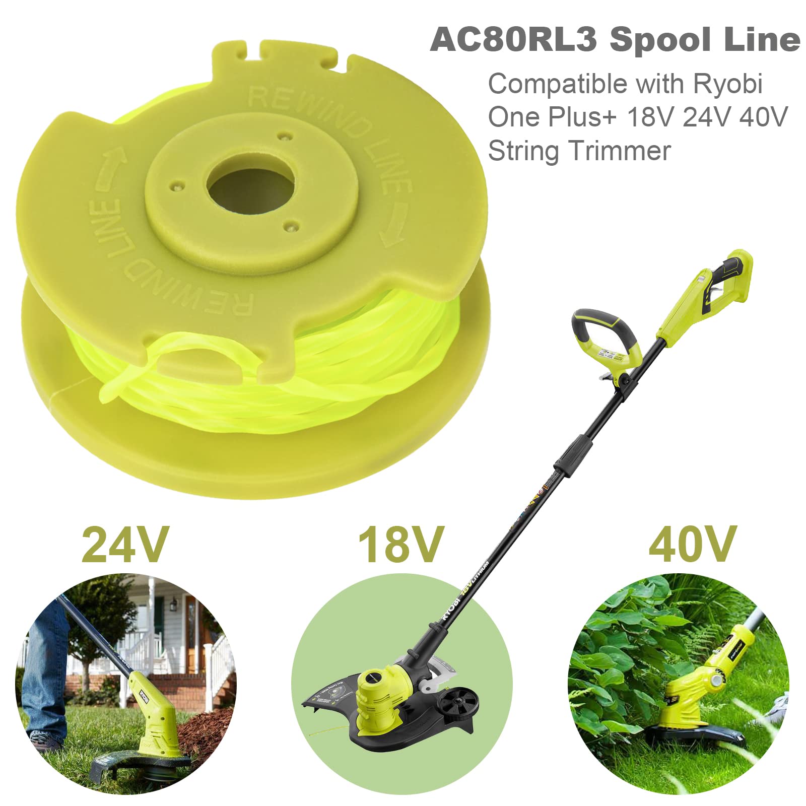 AC80RL3 String Trimmer Replacement Spool Compatible with Ryobi One PLUS+ 18v 24v 40v Weed Wacker String .080 Inch Twisted Line Weed Eater Auto-Feed Replacement Spool (8 Spools + 2 Caps)