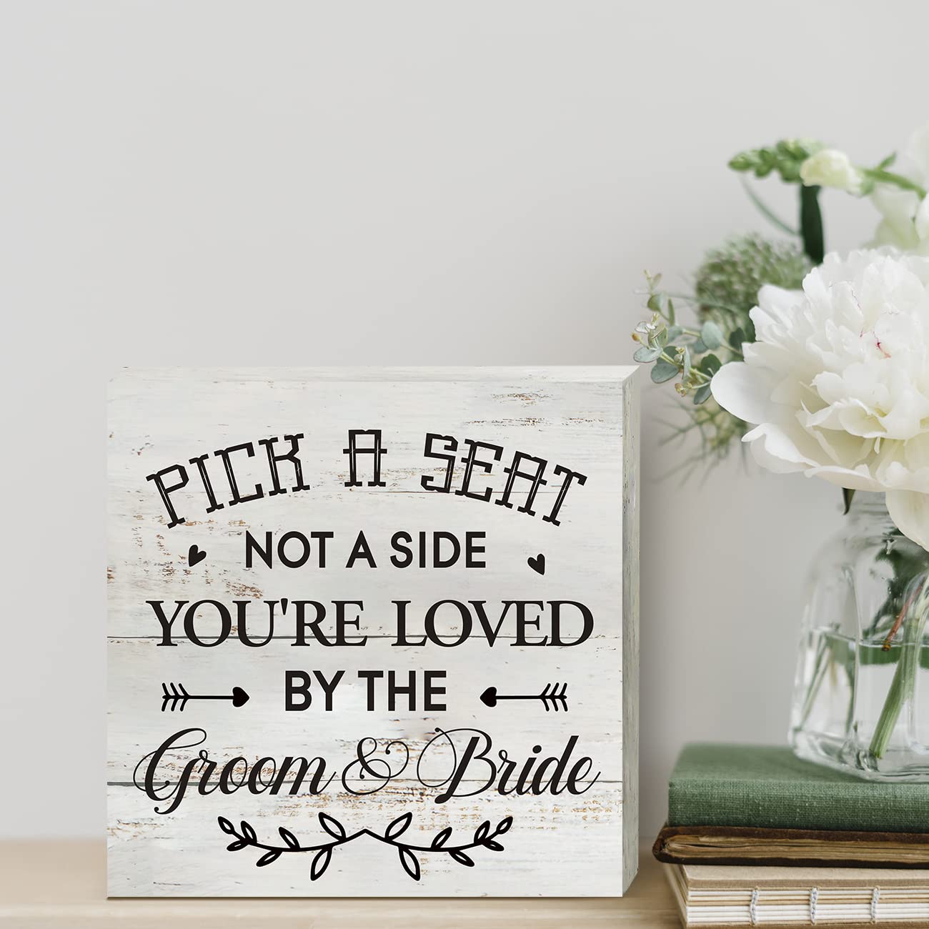 Wedding Ceremony Wooden Box Sign Desk Decor Rustic Pick a Seat Not a Side Wood Block Plaque Box Sign for Home Wedding Reception Table Decoration (5 X 5 Inch)