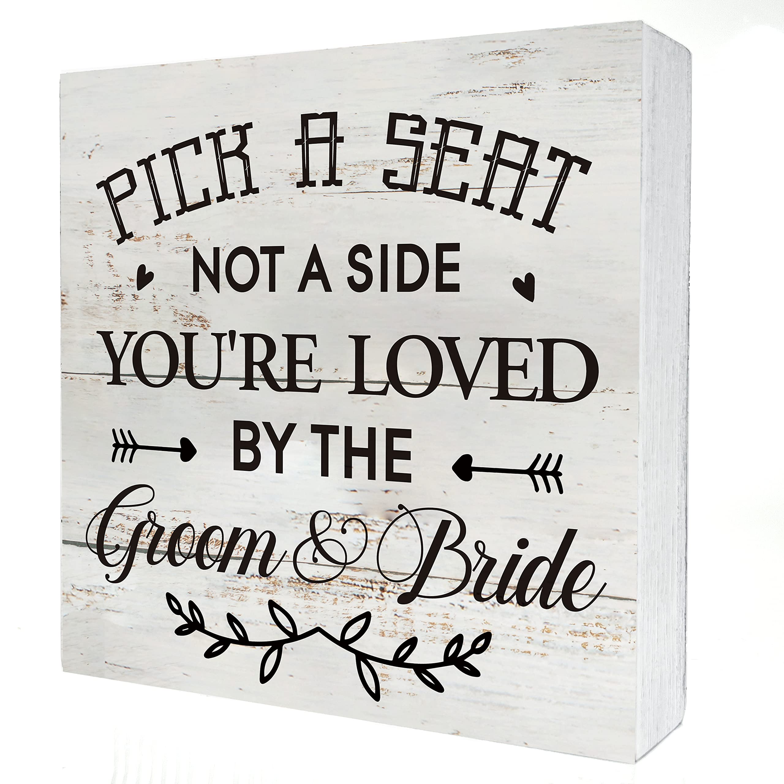 Wedding Ceremony Wooden Box Sign Desk Decor Rustic Pick a Seat Not a Side Wood Block Plaque Box Sign for Home Wedding Reception Table Decoration (5 X 5 Inch)