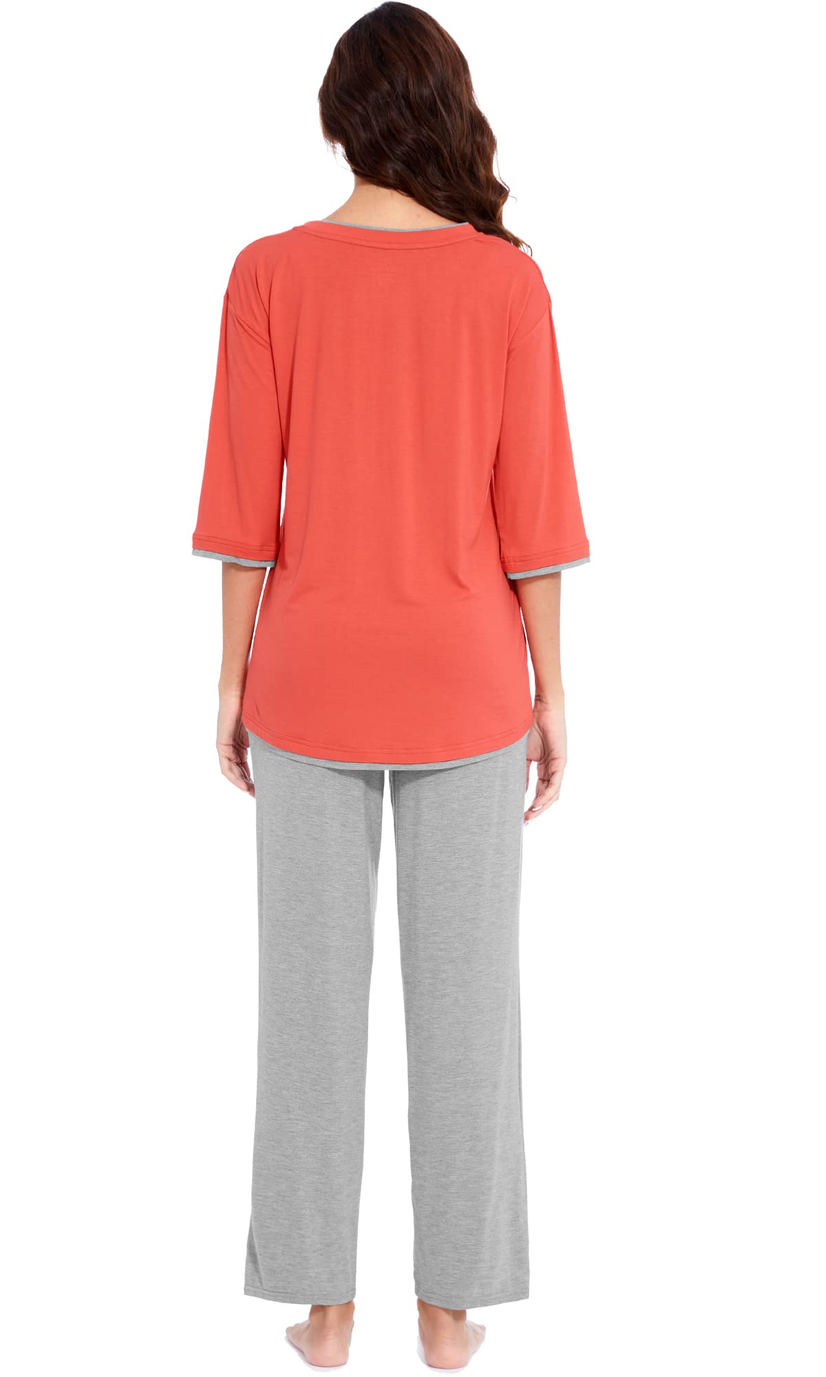 WiWi Womens 3/4 Sleeve Pajamas Set Soft Viscose from Bamboo Top with Pants Sleepwear Plus Size Lightweight Pjs S-4X, Coral+Heather Grey, Large
