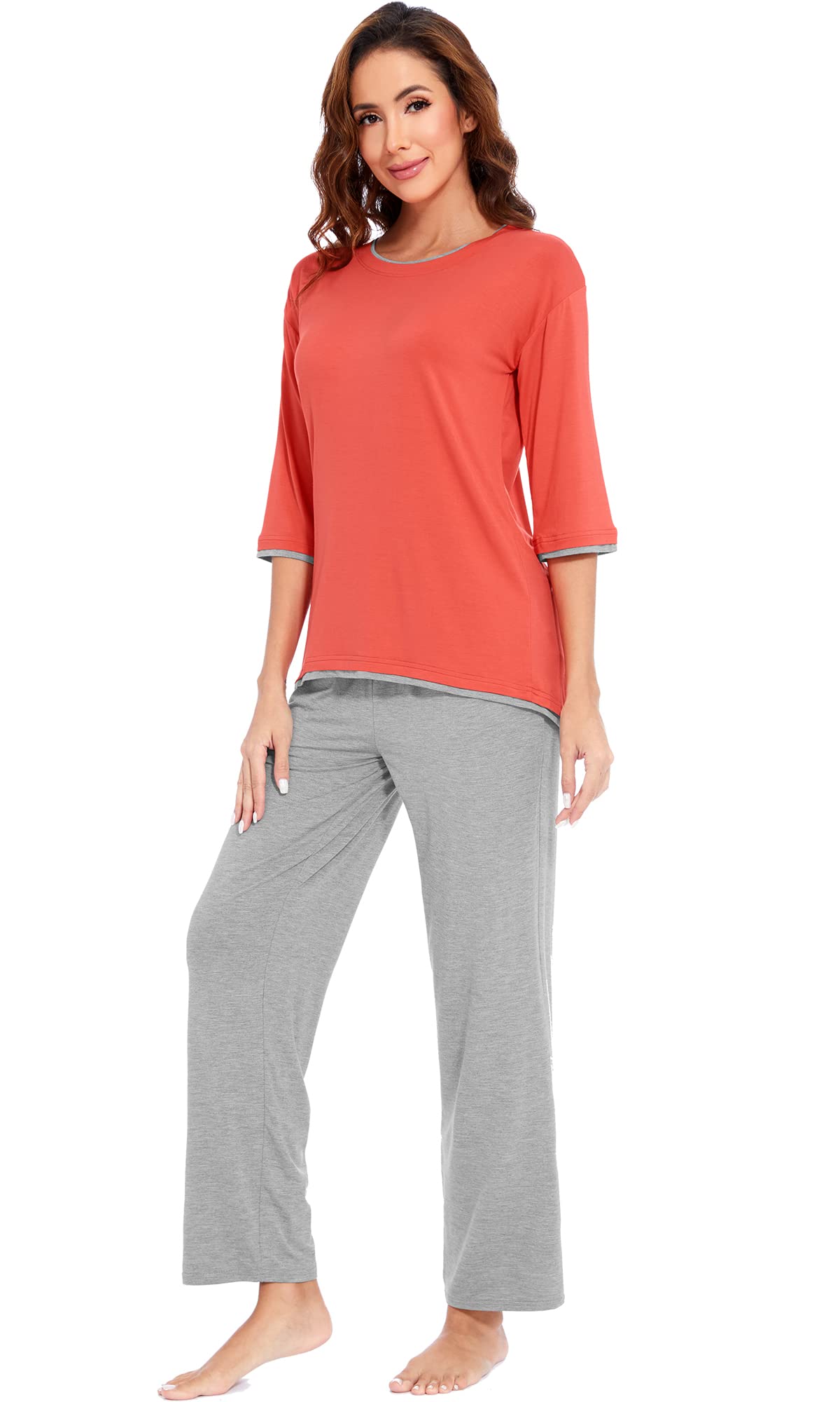 WiWi Womens 3/4 Sleeve Pajamas Set Soft Viscose from Bamboo Top with Pants Sleepwear Plus Size Lightweight Pjs S-4X, Coral+Heather Grey, Large