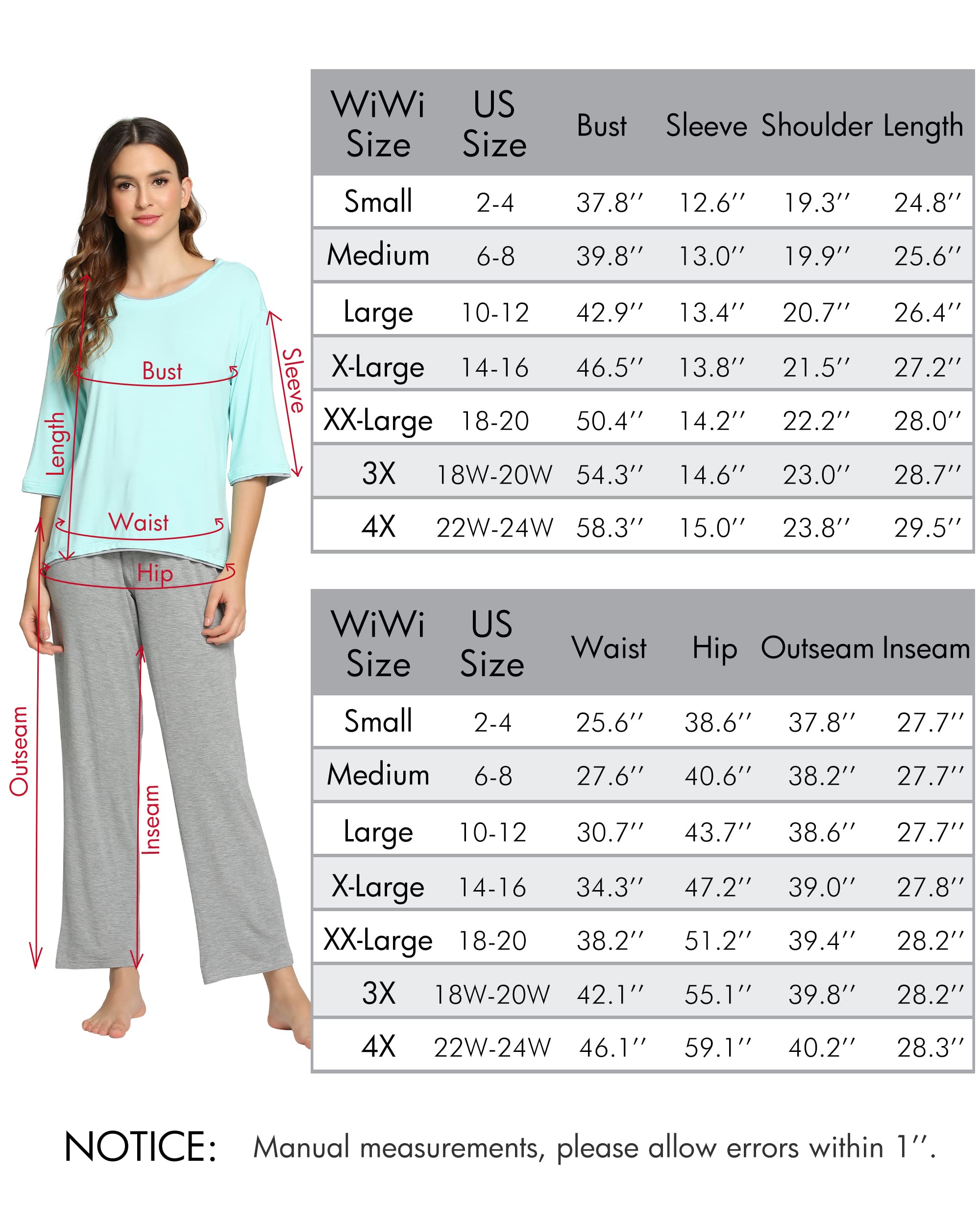 WiWi Womens 3/4 Sleeve Pajamas Set Soft Viscose from Bamboo Top with Pants Sleepwear Plus Size Lightweight Pjs S-4X, Coral+Heather Grey, Large