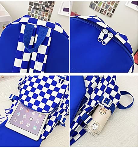 Harajuku Large Fashion Checkered Plaid Backpack Cute Pendant Pins girl boy teen Student School Bag Bookbag Satchel Laptop (Red,Large)
