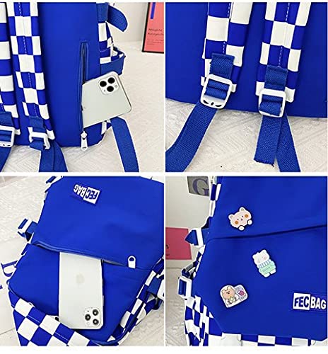 Harajuku Large Fashion Checkered Plaid Backpack Cute Pendant Pins girl boy teen Student School Bag Bookbag Satchel Laptop (Red,Large)