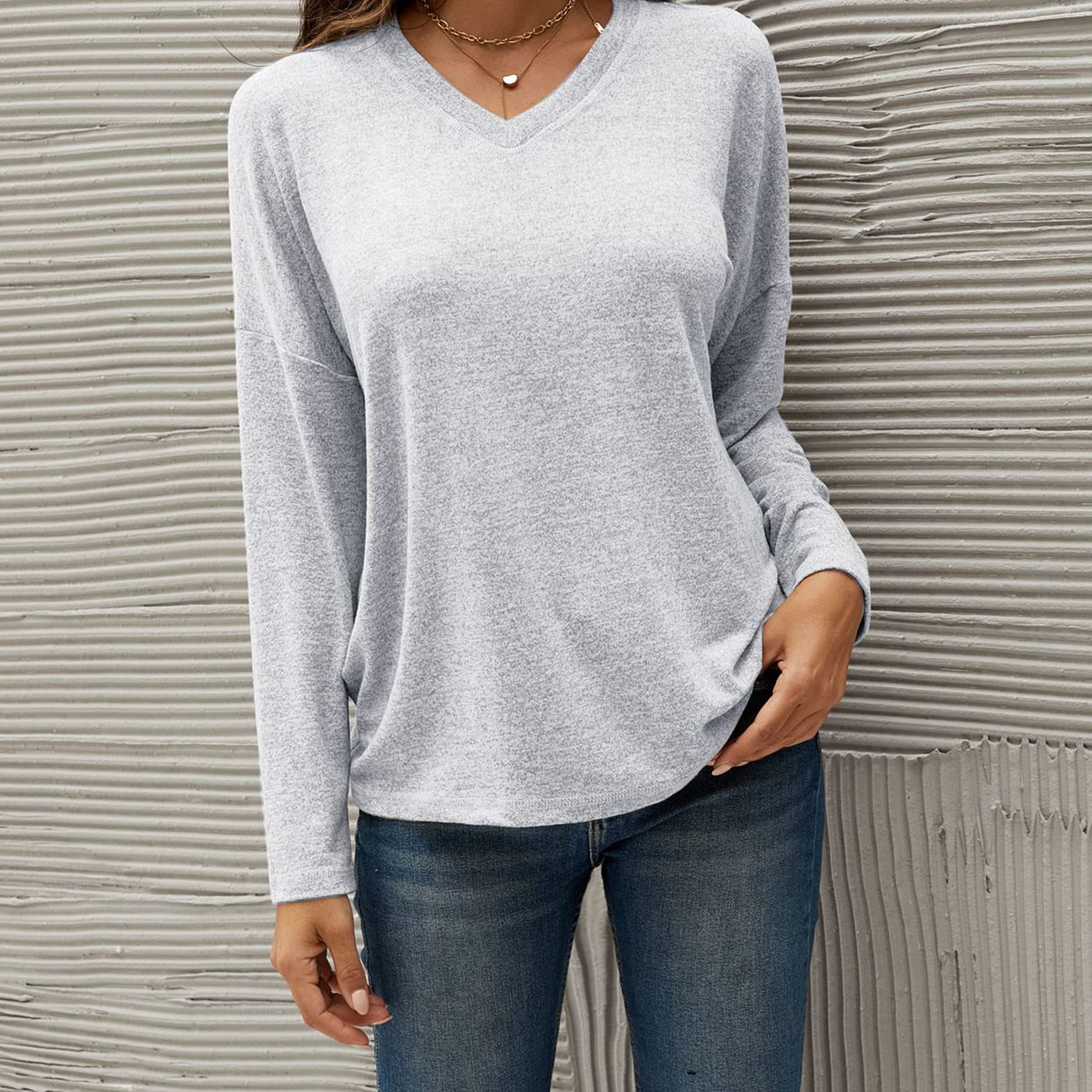 Satoys Womens Tops Fall Casual Loose Fit Long Sleeve Pullover Tops V Neck Shopping Blouse Solid Color Sweatshirts All-Match Style Soft Lightweight Summer Shirts White M 2022 New