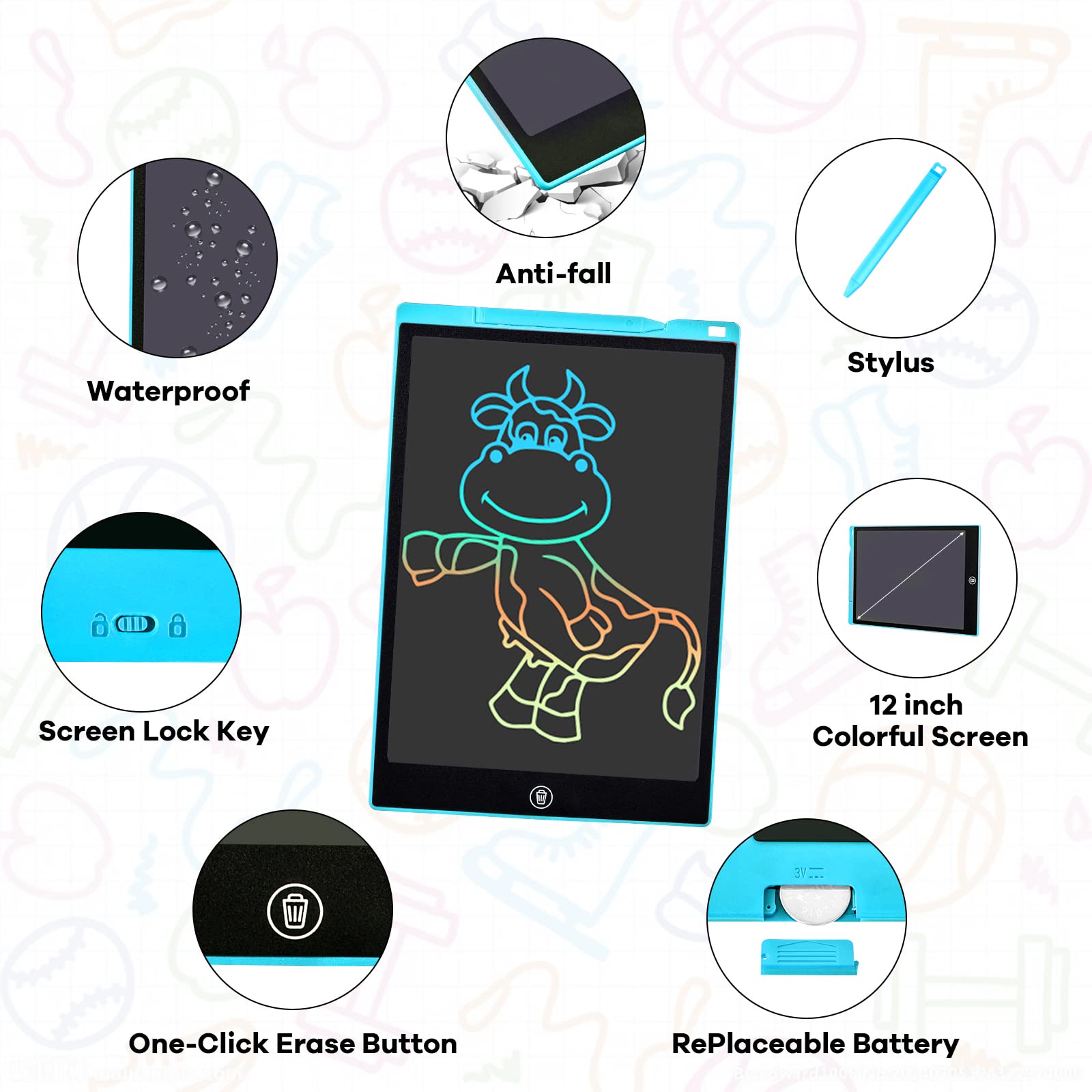LCD Writing Tablet Doodle Board, 12inch Colorful Drawing Tablet Writing Pad for Kids, Electronic Erasable Learning Educational Girls Gifts Toys for 3 4 5 6 7 Year Old Girls Boys