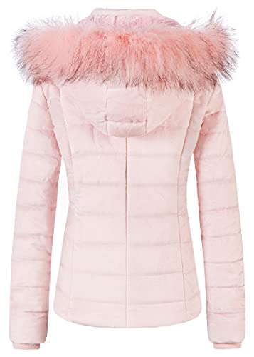 Chrisuno Women's Heavyweight Long-Sleeve Plus Size Puffer Coat Windbreaker Clothes With Removable Hood Pink 3XL