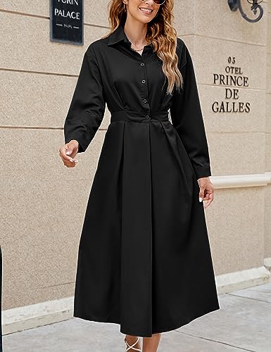 Ladyful Elegant Cotton Shirt Dress for Women A-line Long Sleeve Maxi Dress Black