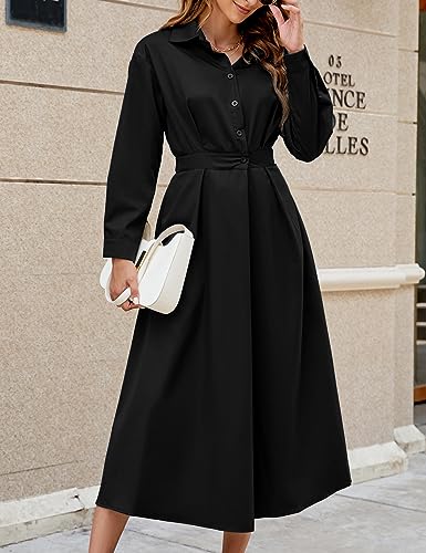 Ladyful Elegant Cotton Shirt Dress for Women A-line Long Sleeve Maxi Dress Black