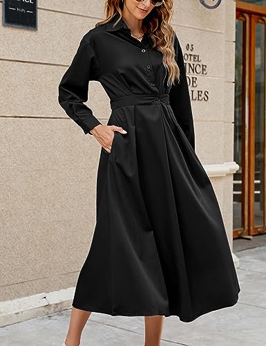Ladyful Elegant Cotton Shirt Dress for Women A-line Long Sleeve Maxi Dress Black