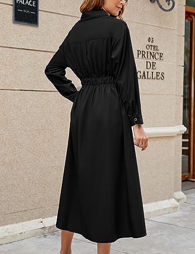 Ladyful Elegant Cotton Shirt Dress for Women A-line Long Sleeve Maxi Dress Black