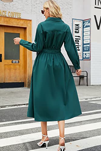 Ladyful Elegant Cotton Shirt Dress for Women A-line Long Sleeve Maxi Dress Black