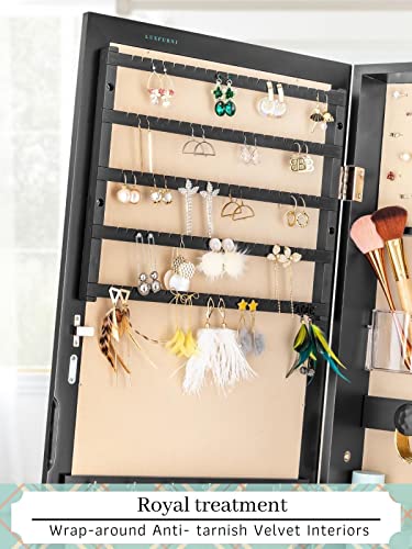LUXFURNI LED Light Jewelry Cabinet Standing Full Screen Mirror Makeup Lockable Armoire, Large Cosmetic Storage Organizer w/Brush Holder (Black)