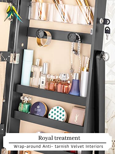 LUXFURNI LED Light Jewelry Cabinet Standing Full Screen Mirror Makeup Lockable Armoire, Large Cosmetic Storage Organizer w/Brush Holder (Black)