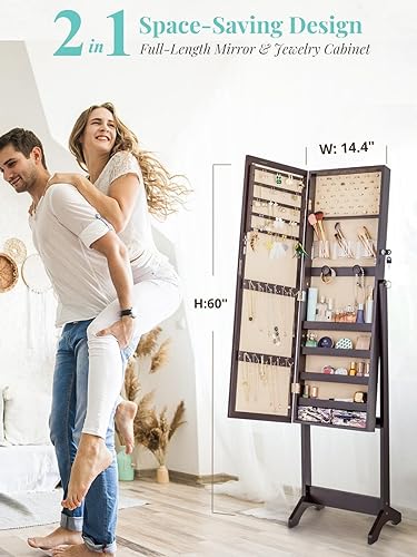 LUXFURNI LED Light Jewelry Cabinet Standing Full Screen Mirror Makeup Lockable Armoire, Large Cosmetic Storage Organizer w/Brush Holder (Black)