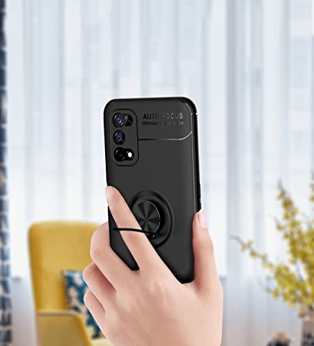 Asuwish Phone Case for Oppo Realme 7 Pro with Tempered Glass Screen Protector Cover and Cell Accessories Stand Kickstand Ring Holder Soft TPU Silicone Rubber Protective Realme7 7Pro Women Men Black