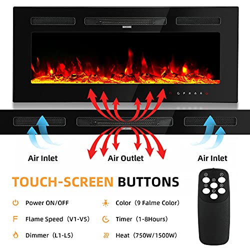 SANHSEHOME 60 Inch Electric Fireplace Inserts Wall Fireplace Electric with Remote Control Electric Fireplace Wall Mounted Recessed with Fake Log & Crystal 1-8h Timer 750W/1500W, 9 Flame Colors 5.7" W