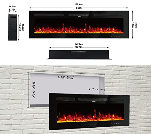 SANHSEHOME 60 Inch Electric Fireplace Inserts Wall Fireplace Electric with Remote Control Electric Fireplace Wall Mounted Recessed with Fake Log & Crystal 1-8h Timer 750W/1500W, 9 Flame Colors 5.7" W