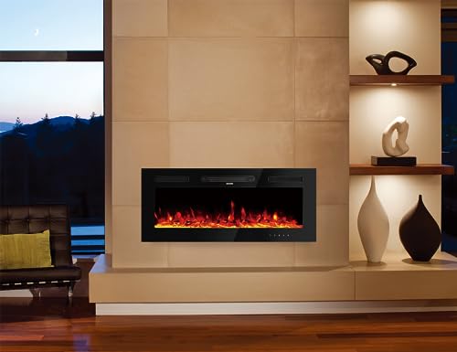 SANHSEHOME 60 Inch Electric Fireplace Inserts Wall Fireplace Electric with Remote Control Electric Fireplace Wall Mounted Recessed with Fake Log & Crystal 1-8h Timer 750W/1500W, 9 Flame Colors 5.7" W