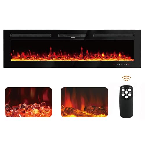 SANHSEHOME 60 Inch Electric Fireplace Inserts Wall Fireplace Electric with Remote Control Electric Fireplace Wall Mounted Recessed with Fake Log & Crystal 1-8h Timer 750W/1500W, 9 Flame Colors 5.7" W